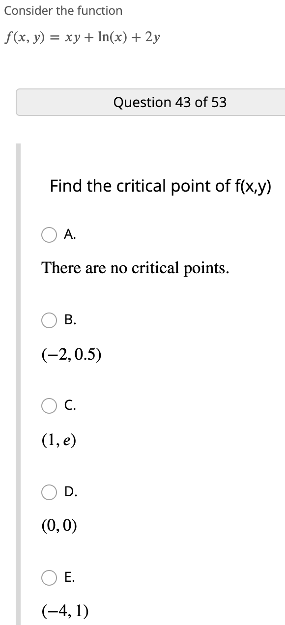 Solved Consider the function f(x, y) = xy + ln(x) + 2y | Chegg.com