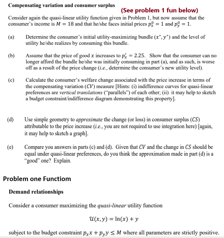 Solved Compensating variation and consumer surplus (See | Chegg.com