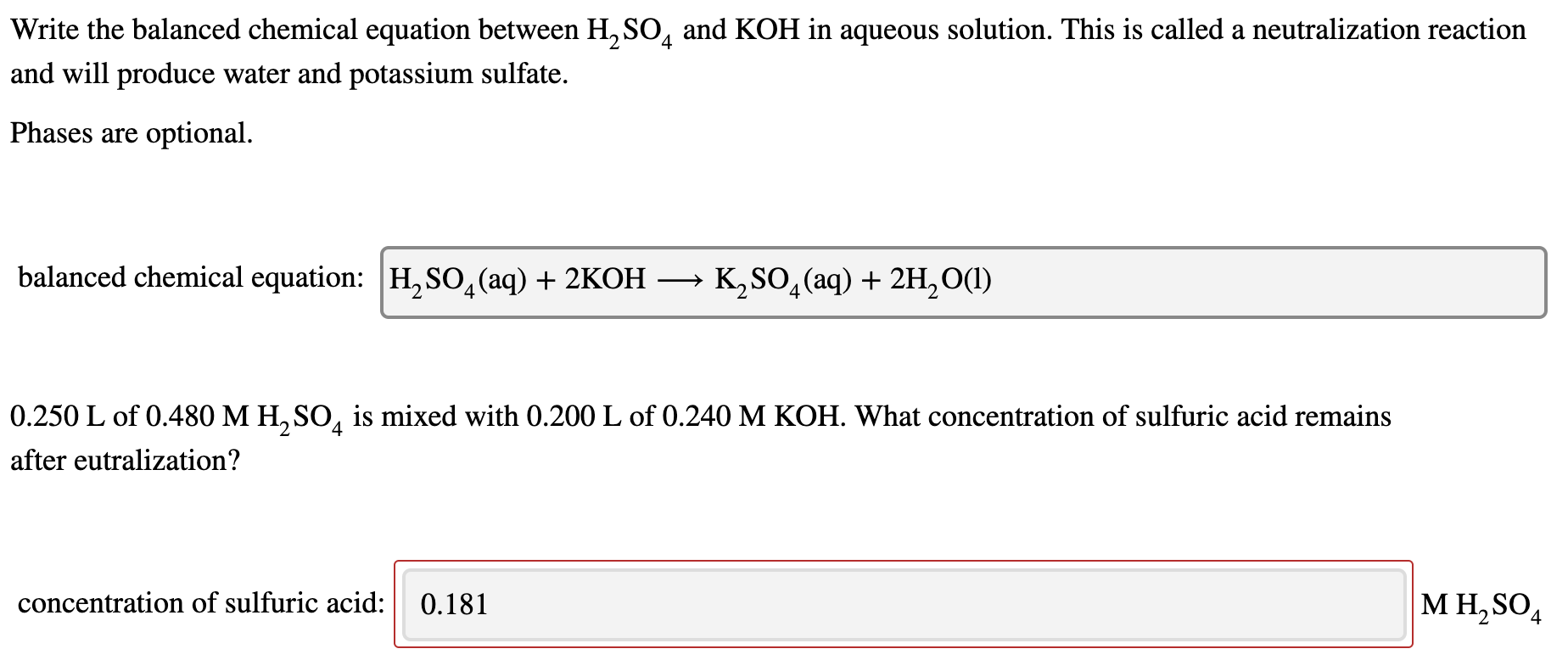 Solved Write the balanced chemical equation between H2SO4 | Chegg.com