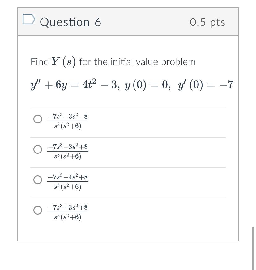 Solved Question 6 0.5pts Find Y(s) for the initial value | Chegg.com