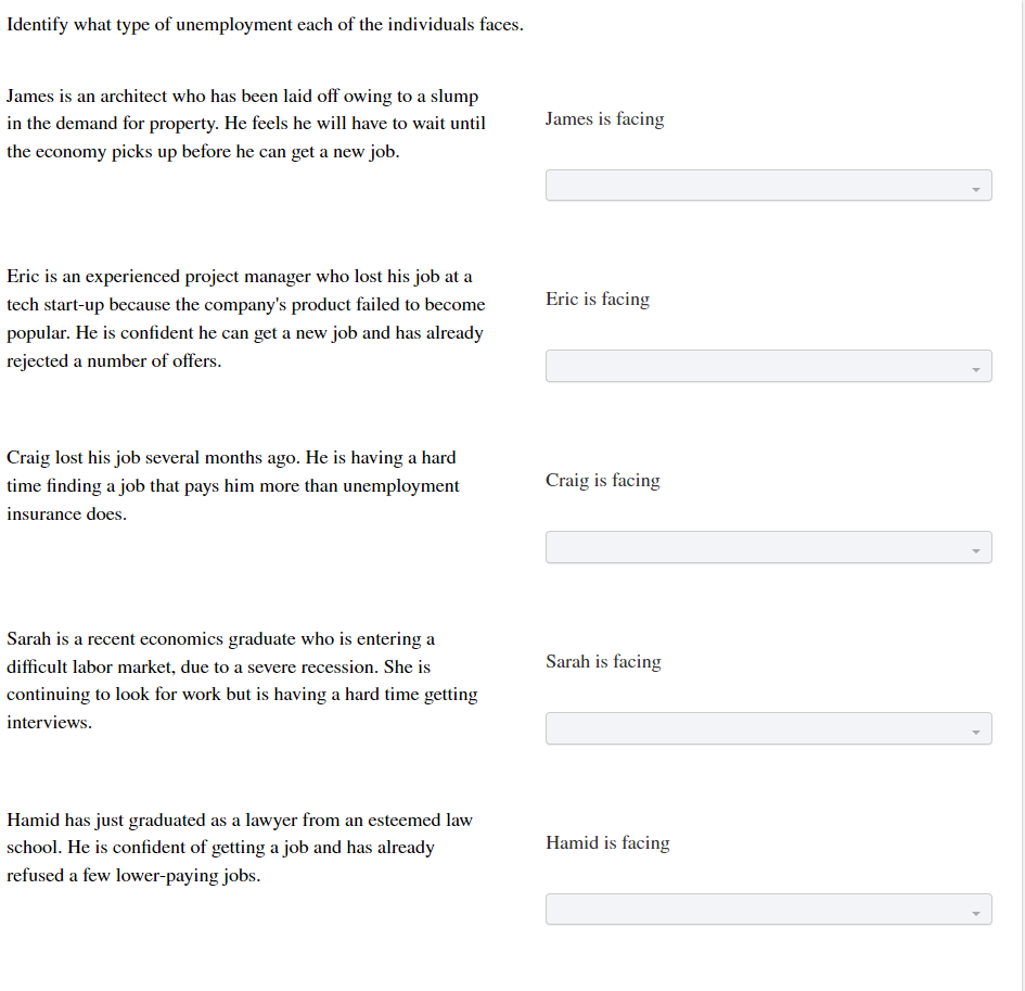 Solved Identify what type of unemployment each of the | Chegg.com