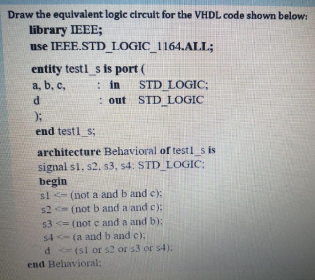 Solved Draw the equivalent logic circuit for the VHDL code | Chegg.com