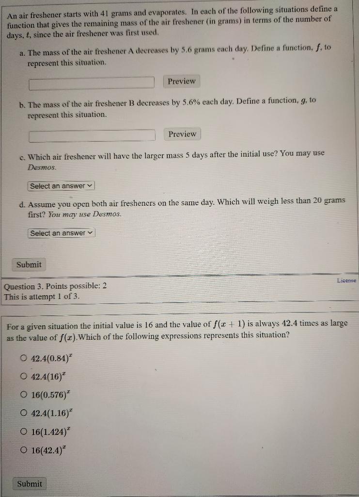 Solved An air freshener starts with 41 grams and evaporates. | Chegg.com