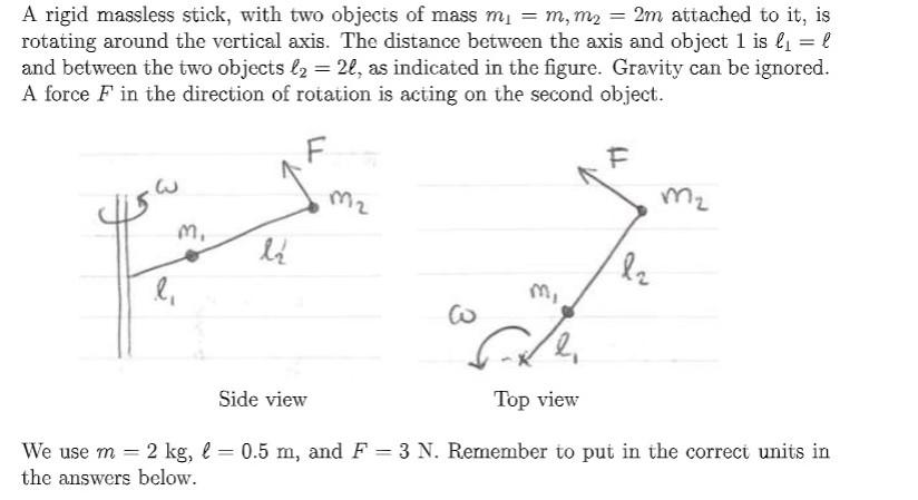 Solved A rigid massless stick, with two objects of mass mi = | Chegg.com