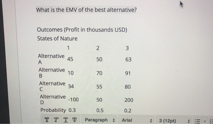 Solved What is the EMV of the best alternative? Outcomes | Chegg.com