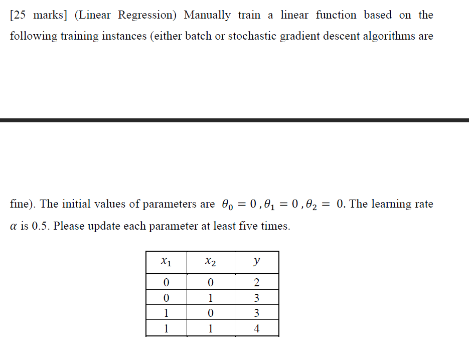 [25 marks] (Linear Regression) Manually train a | Chegg.com