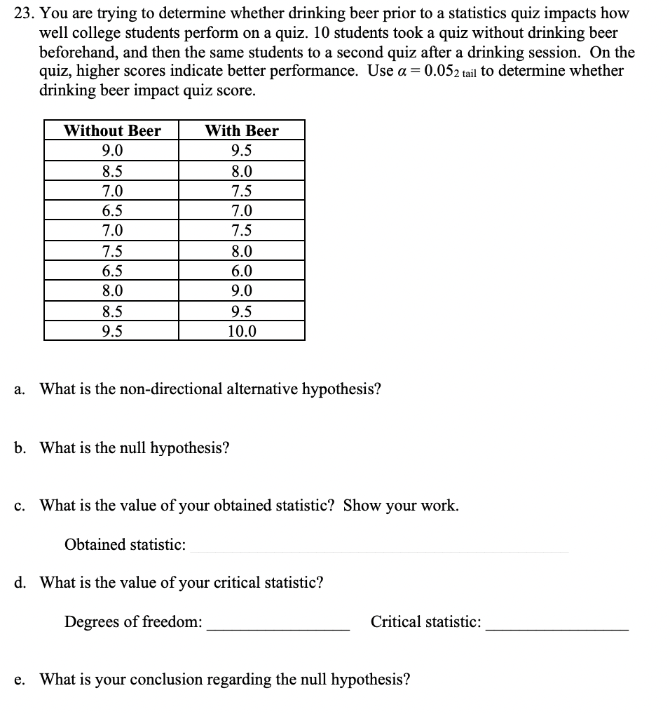 Solved 23. You are trying to determine whether drinking beer | Chegg.com