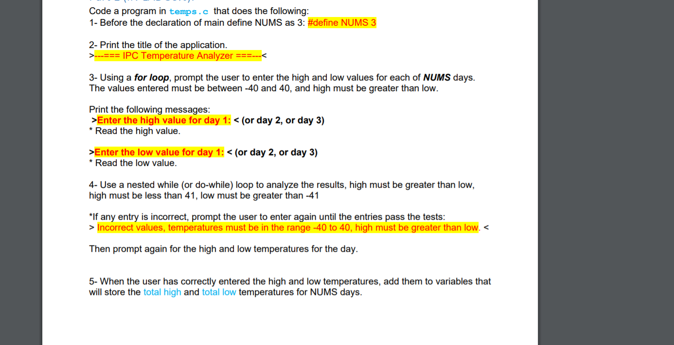Solved Code a program in temps.c that does the following: 1- | Chegg.com
