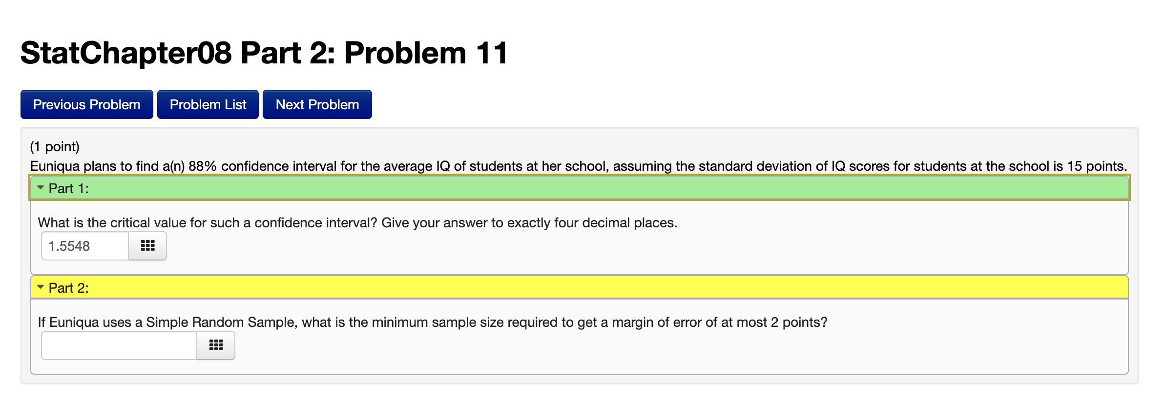 Solved StatChapter08 Part 2: Problem 9 Previous Problem | Chegg.com