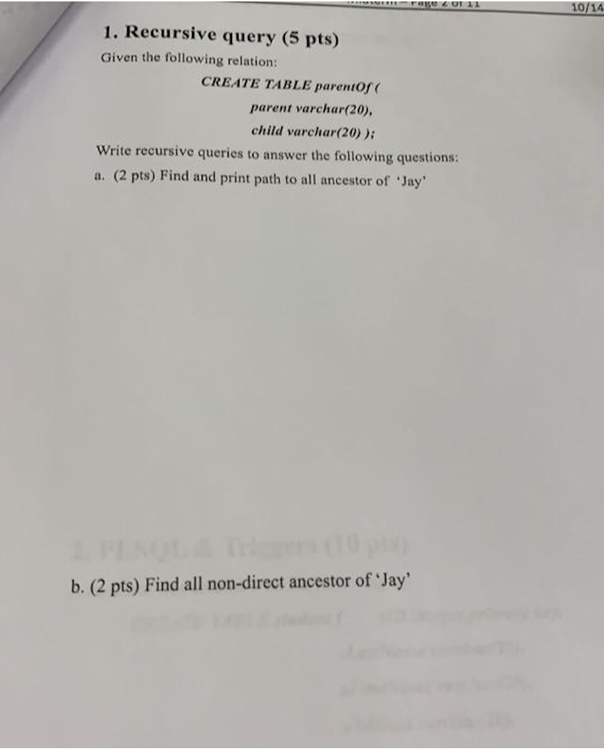 Solved 1 Recursive Query 5 Pts Given The Following