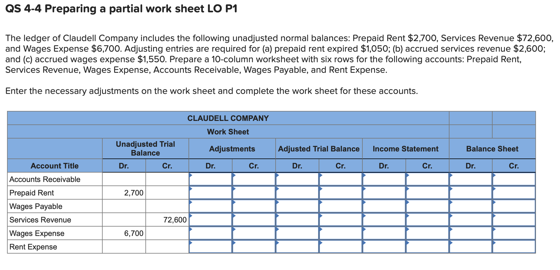 Solved QS 4-4 Preparing a partial work sheet LO P1 The | Chegg.com