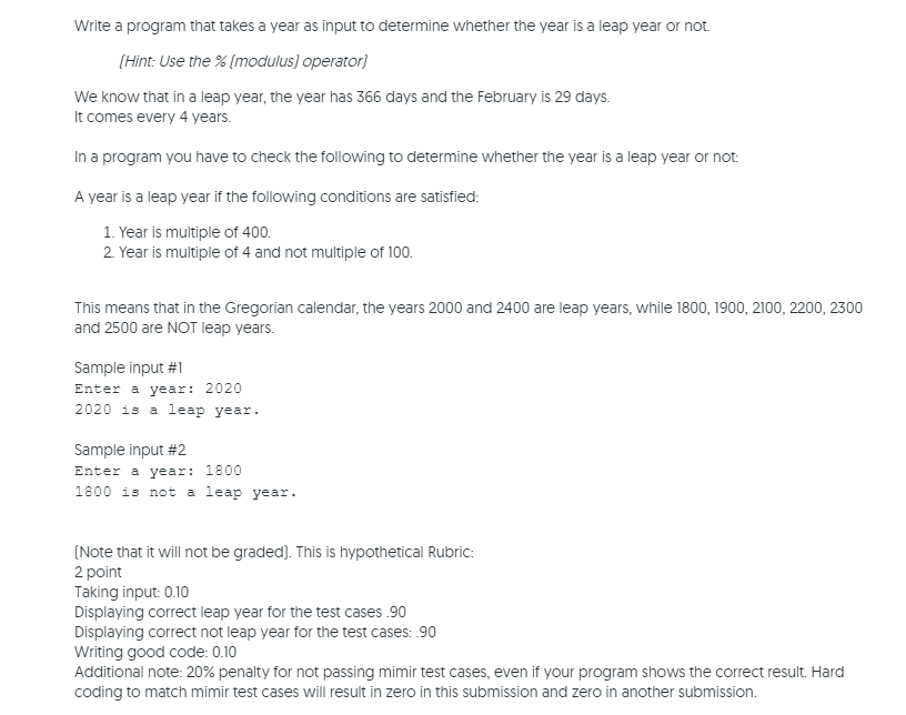 Solved Write a program that takes a year as input to | Chegg.com