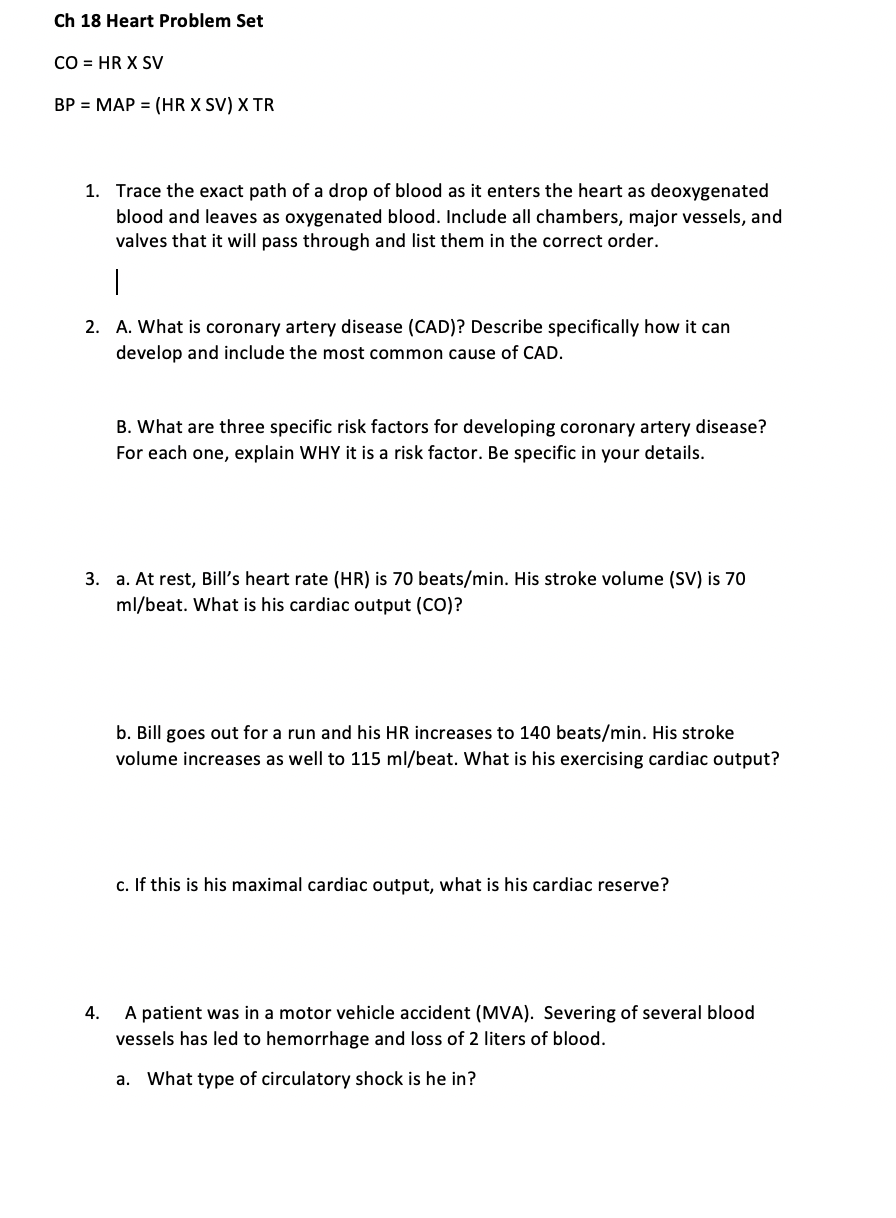 Solved Ch 18 Heart Problem Set CO = HR X SV BP = MAP = (HR X | Chegg.com