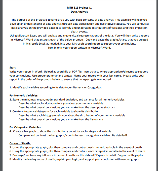 Solved MTH 315 Project #1 Data Analysis The purpose of this | Chegg.com