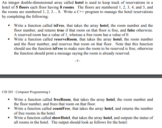 Solved An integer double-dimensional array called hotel is | Chegg.com