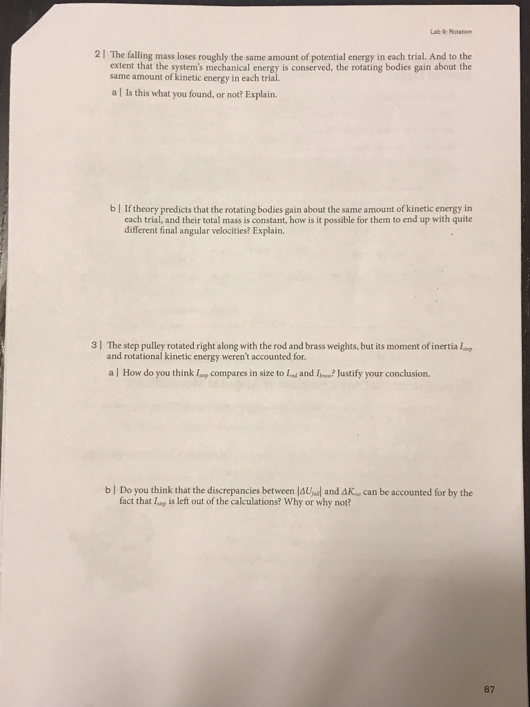 Lab 9: Rotation Experiment II: Rotational Kinetic | Chegg.com