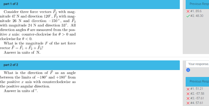 Solved part 1 ﻿of 2Previous RespConsider three force vectors | Chegg.com
