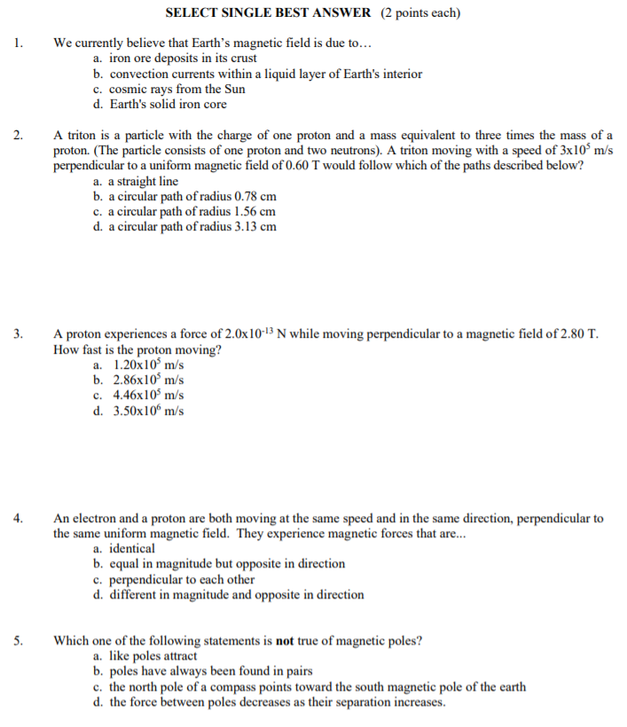 Solved 1. SELECT SINGLE BEST ANSWER (2 points each) We | Chegg.com