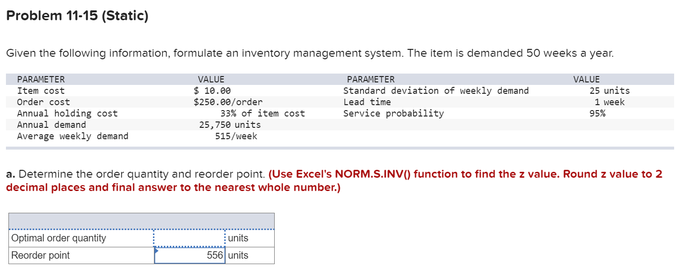Solved Problem 11-15 (Static) Given the following | Chegg.com
