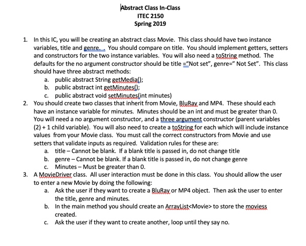 Solved Abstract Class In-Class ITEC 2150 Spring 2019 1. In | Chegg.com