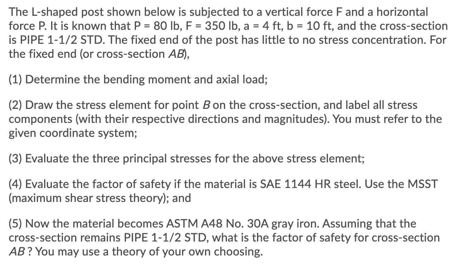 Solved a The L-shaped post shown below is subjected to a | Chegg.com