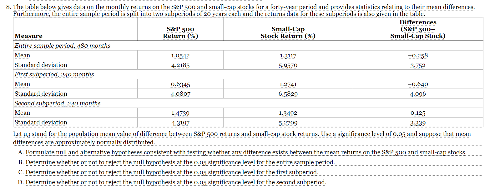 8. The table below gives data on the monthly returns | Chegg.com