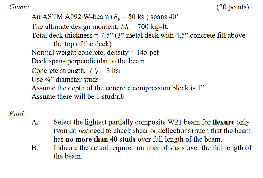Solved = Given: (20 points) An ASTM A992 W-beam (Fy = 50 | Chegg.com