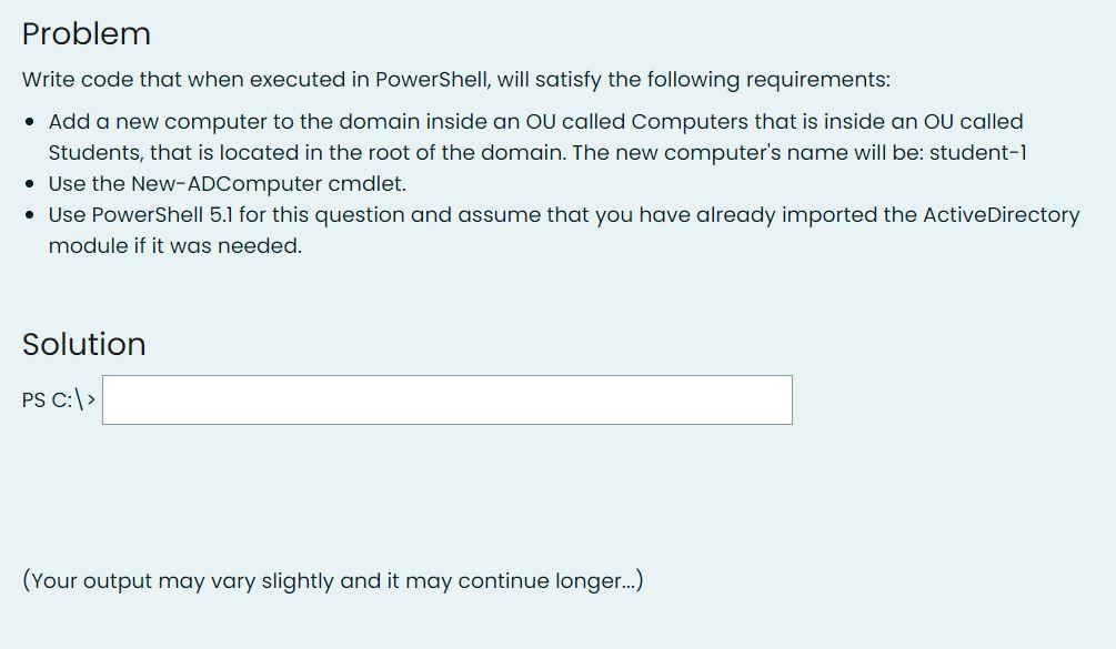 Solved Problem Write code that when executed in PowerShell, | Chegg.com