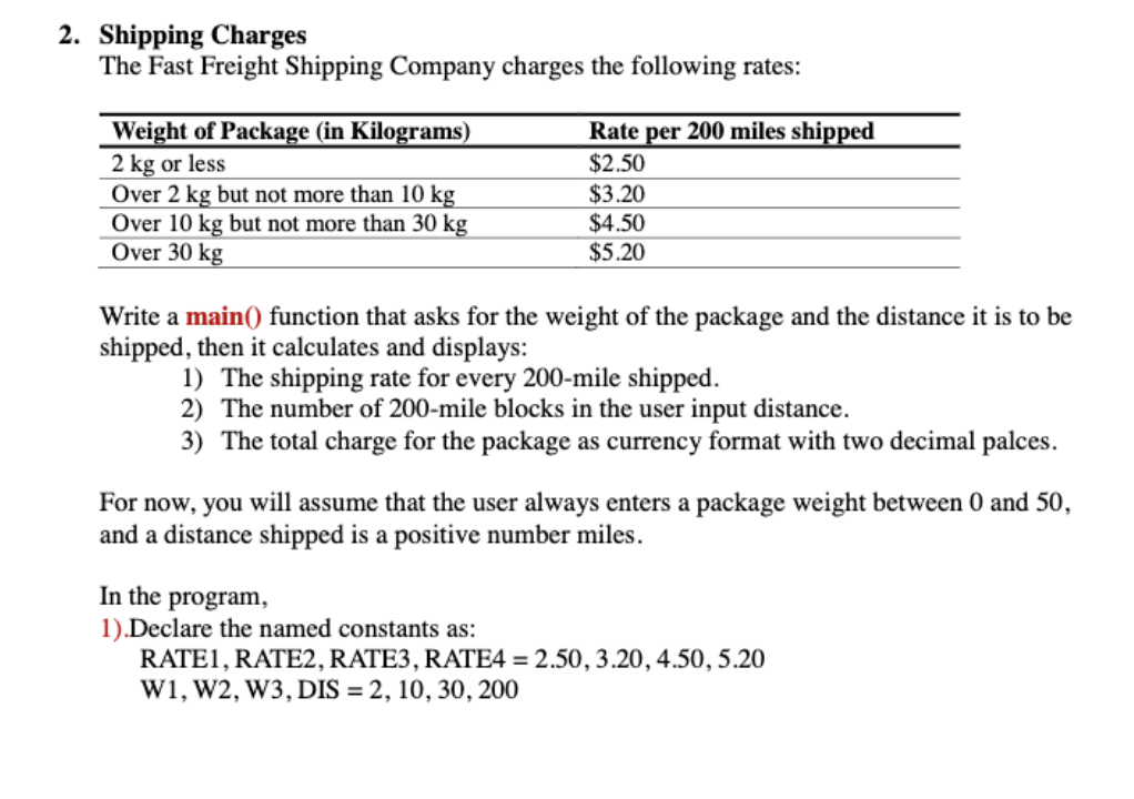 Solved 2. Shipping Charges The Fast Freight Shipping Company | Chegg.com