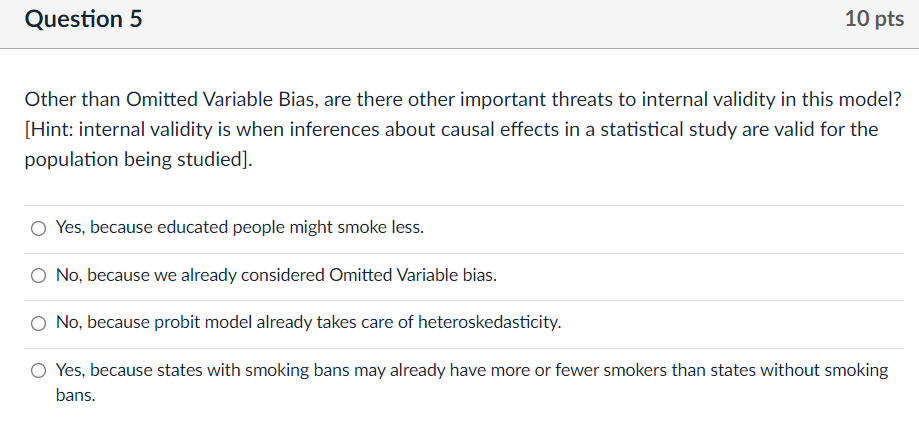 Solved Question 5 10 pts Other than Omitted Variable Bias, | Chegg.com