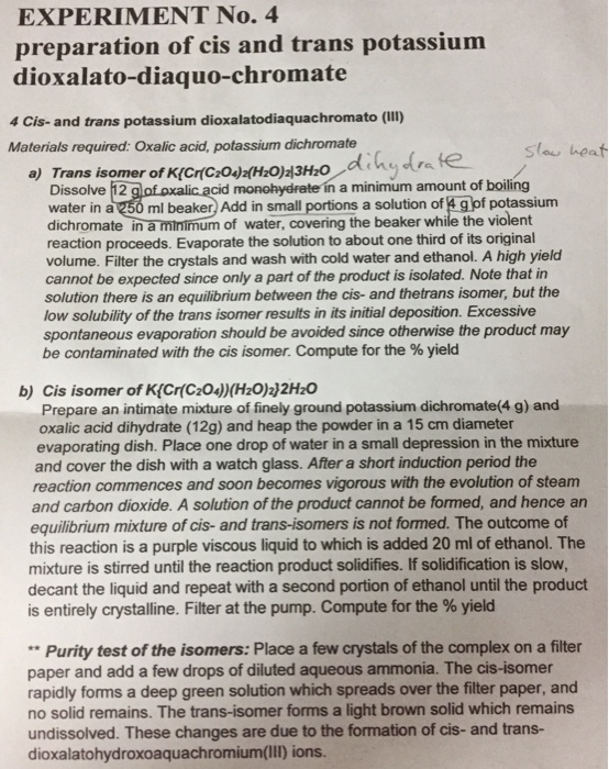 Solved EXPERIMENT No. 4 preparation of cis and trans | Chegg.com