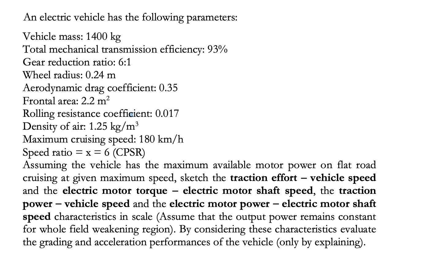 Solved An electric vehicle has the following parameters: | Chegg.com