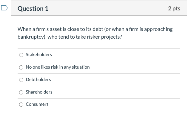 Solved Question 1 2 pts When a firm's asset is close to its | Chegg.com