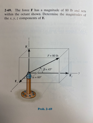 Solved 2-69. The force F has a magnitude of 80 lb and acts | Chegg.com