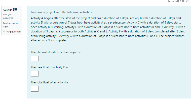 Solved Time left 1:05:28 Question 30 You have a project with | Chegg.com