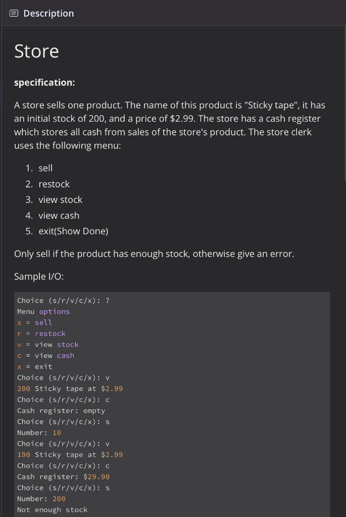 Solved e Description Store specification: A store sells one | Chegg.com
