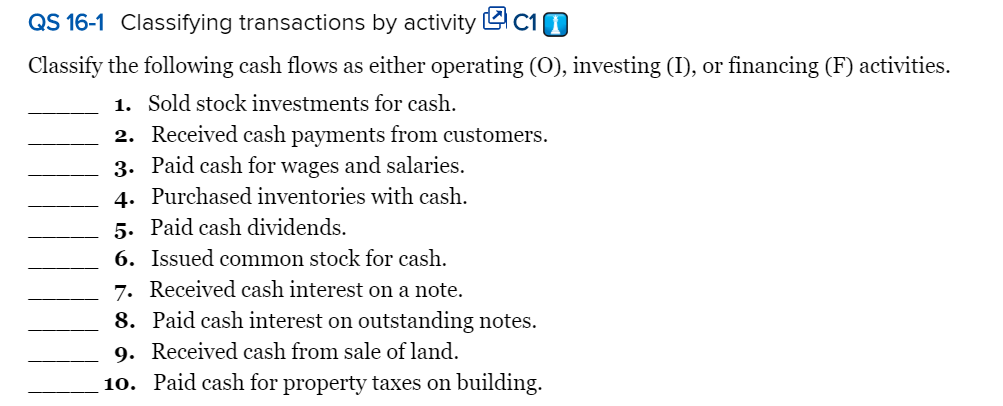Solved QS 16-1 Classifying transactions by activity Q10 | Chegg.com Solved QS 16-1 Classifying transactions by activity Q10 | Chegg.com