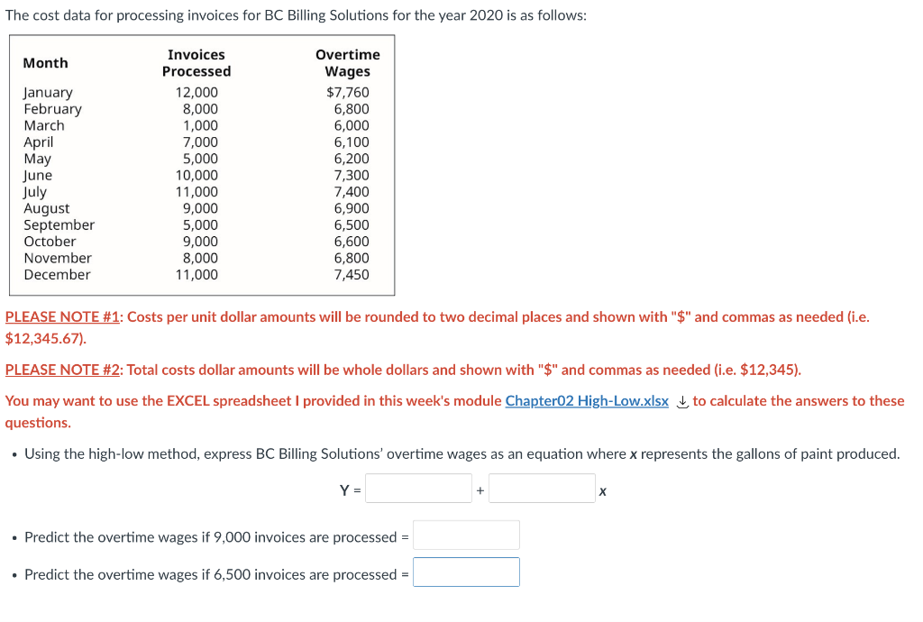 The cost data for processing invoices for BC Billing | Chegg.com