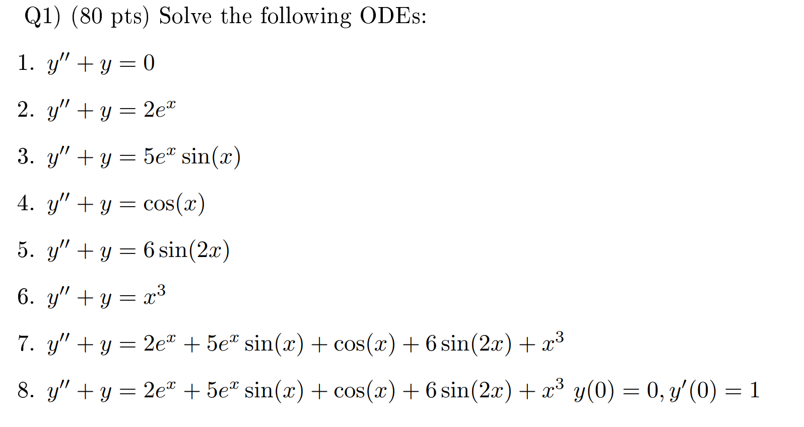 Solved Q1) (80 pts) Solve the following ODES: 1. y' + y = 0 | Chegg.com
