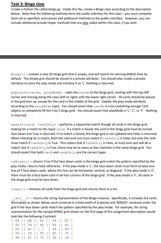 Task 3: Bingo class Create a Python file called | Chegg.com