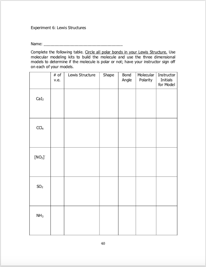Solved Experiment 6: Lewis Structures Name: Complete the | Chegg.com
