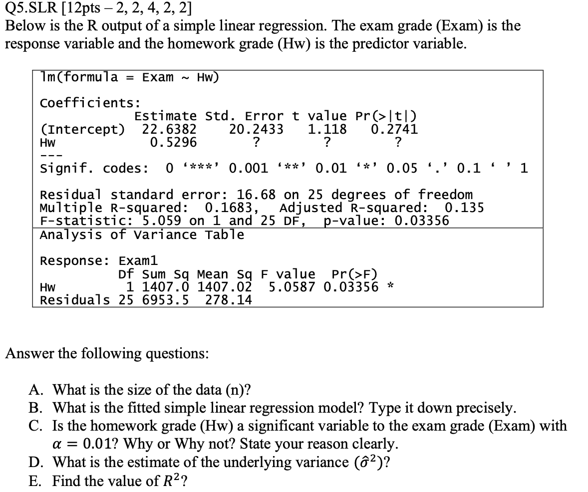 Solved Q5.SLR [12pts – 2, 2, 4, 2, 2] Below is the R output | Chegg.com