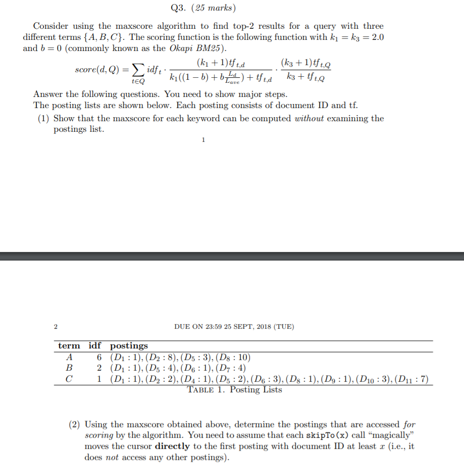 Q3. (25 marks) Consider using the maxscore algorithm | Chegg.com