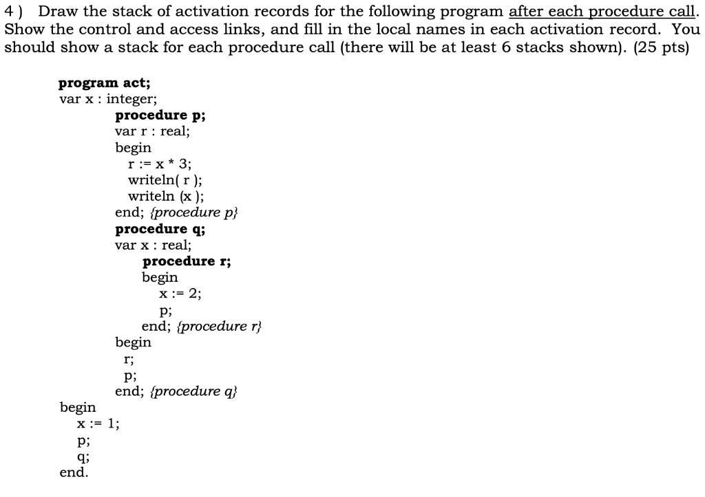 Solved 4) Draw the stack of activation records for the | Chegg.com