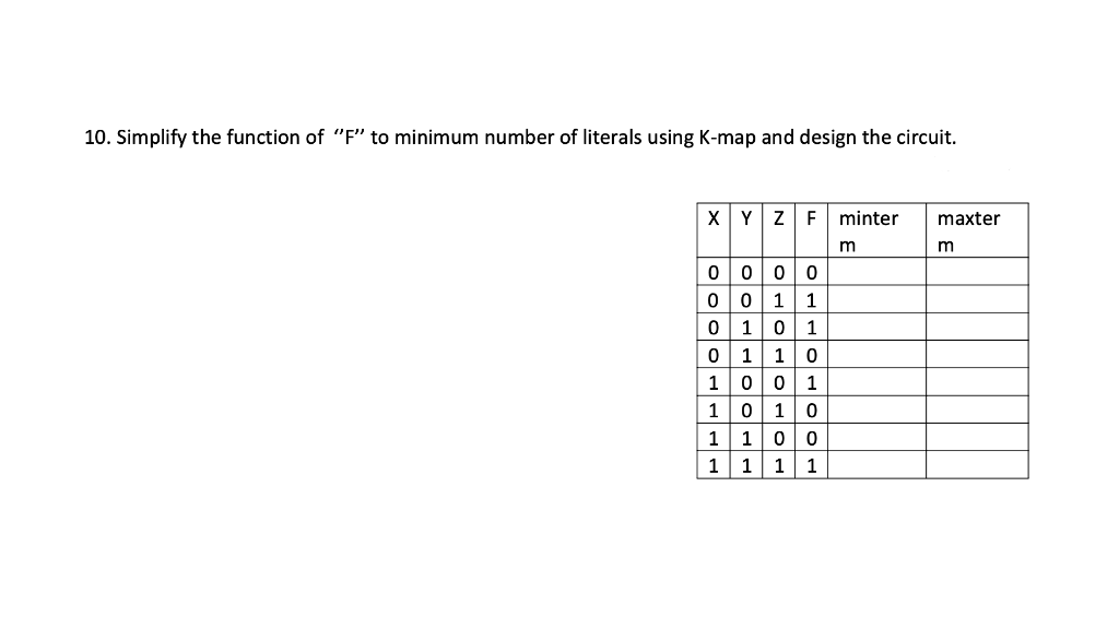 Solved 10. Simplify the function of "F" to minimum number of | Chegg.com