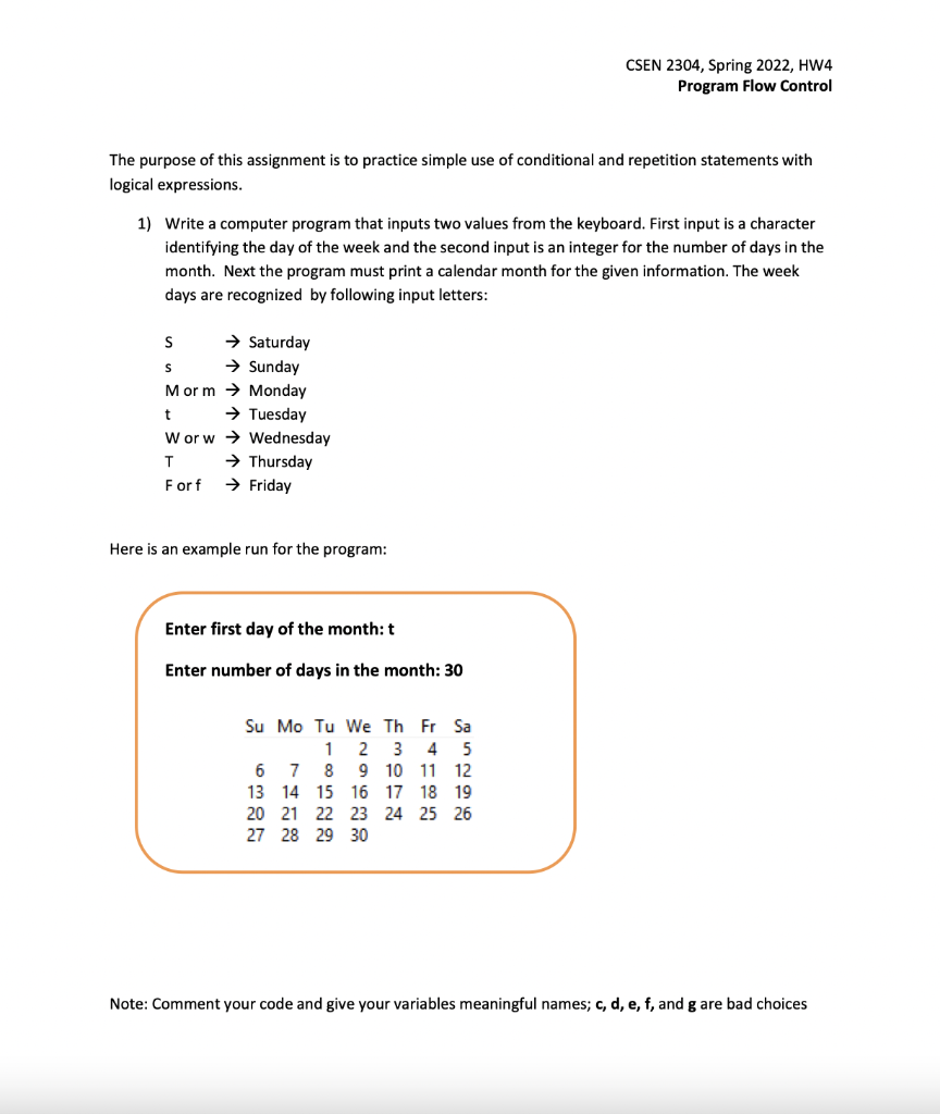 Solved CSEN 2304, Spring 2022, HW4 Program Flow Control The | Chegg.com