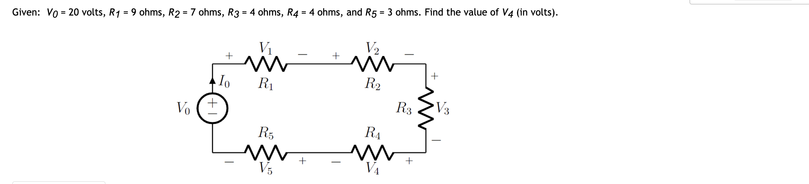 Solved Given: V0=20 volts, R1=9 ohms, R2=7 ohms, R3=4 ohms, | Chegg.com