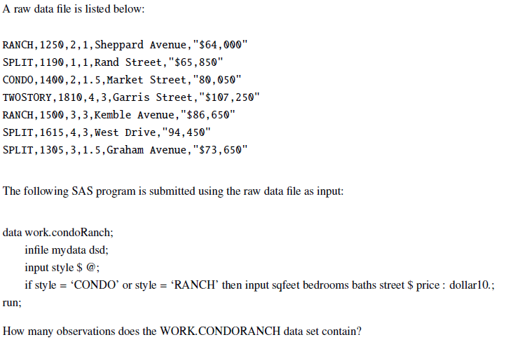Solved A raw data file is listed below:RANCH, 1250,2,1, | Chegg.com