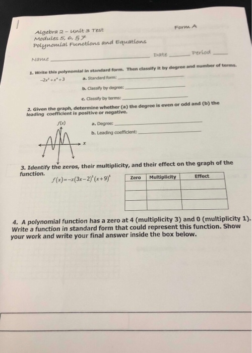 Solved Form A Algebra 2-unit a Test Modules 5, 6, Polynomial | Chegg.com