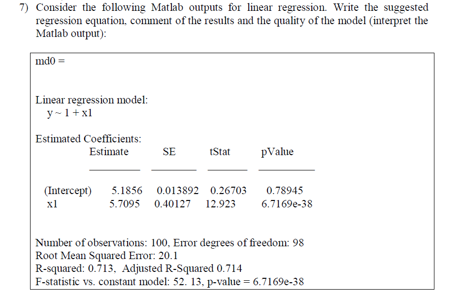 Solved 7) Consider the following Matlab outputs for linear | Chegg.com